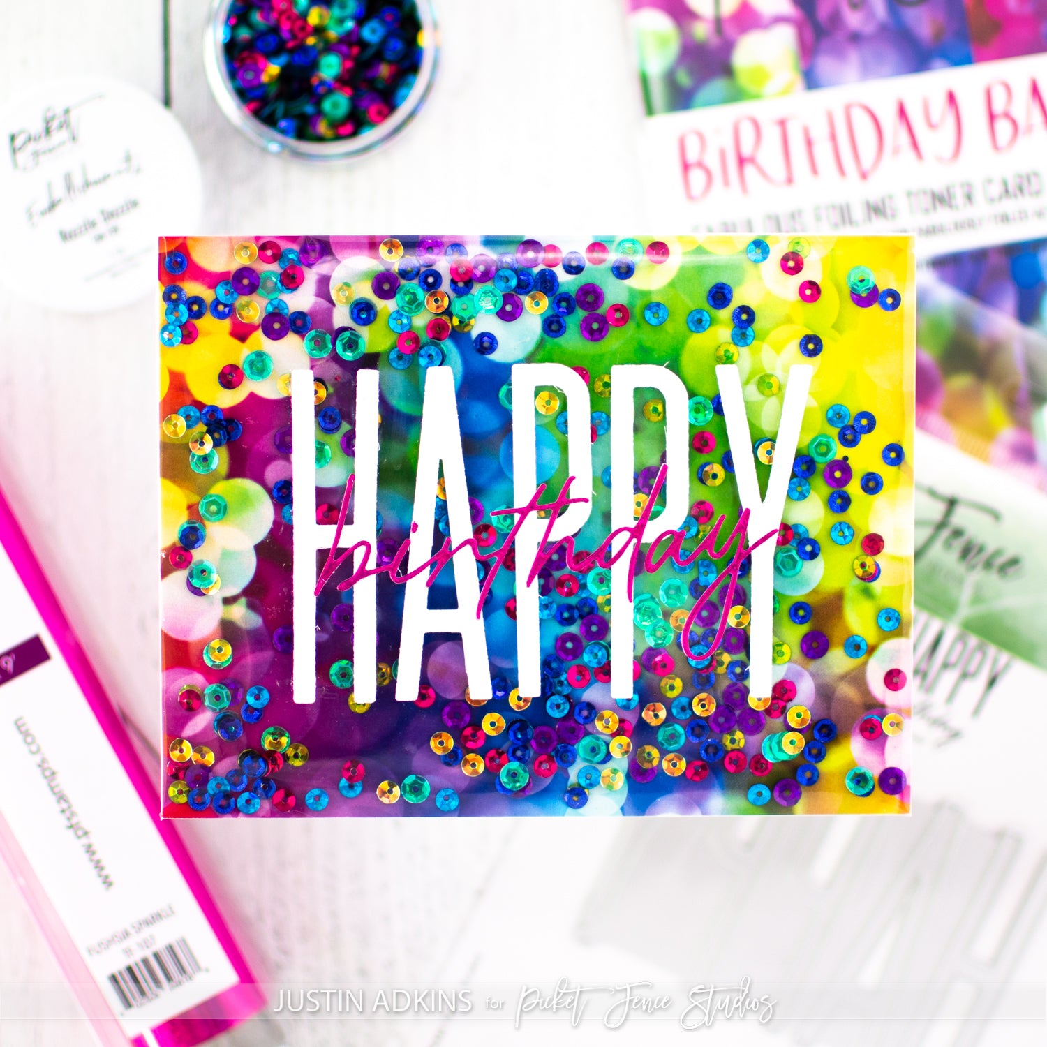 Foiled Happy Birthday Infinity Shaker Card – Picket Fence Studios